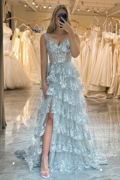 WEDTREND Women Sparkly Silver Prom Dress A-Line Off The Shoulder Tiered ...